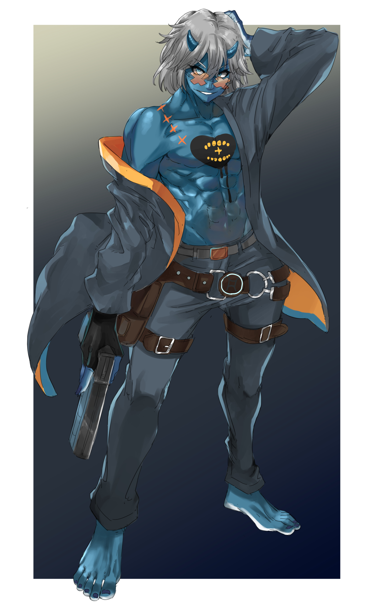 Safebooru - 1boy abs arm up barefoot belt black gloves blonde hair blue ...