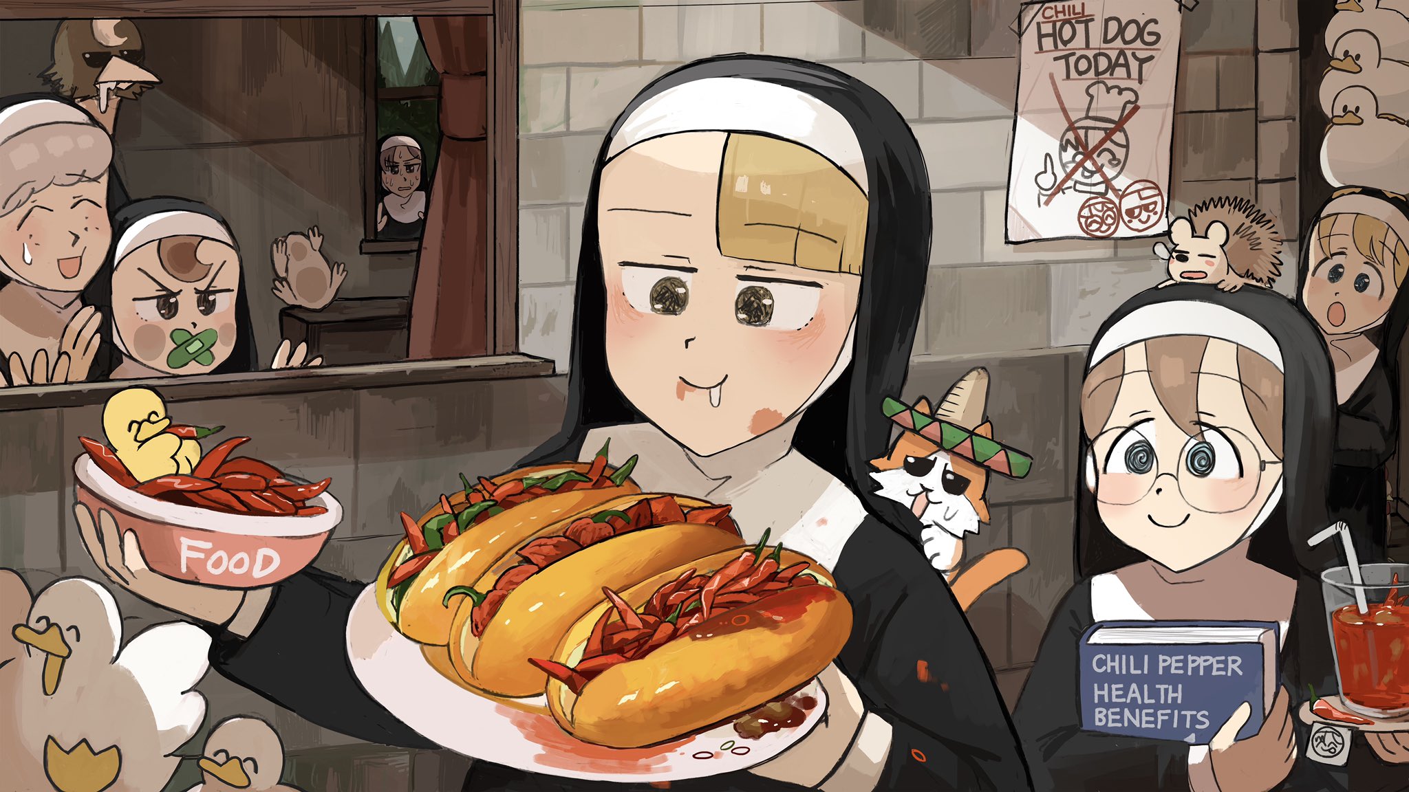 Safebooru - 6+girls :d :o @ @ ^ ^ against glass against window animal on head animal on shoulder ...