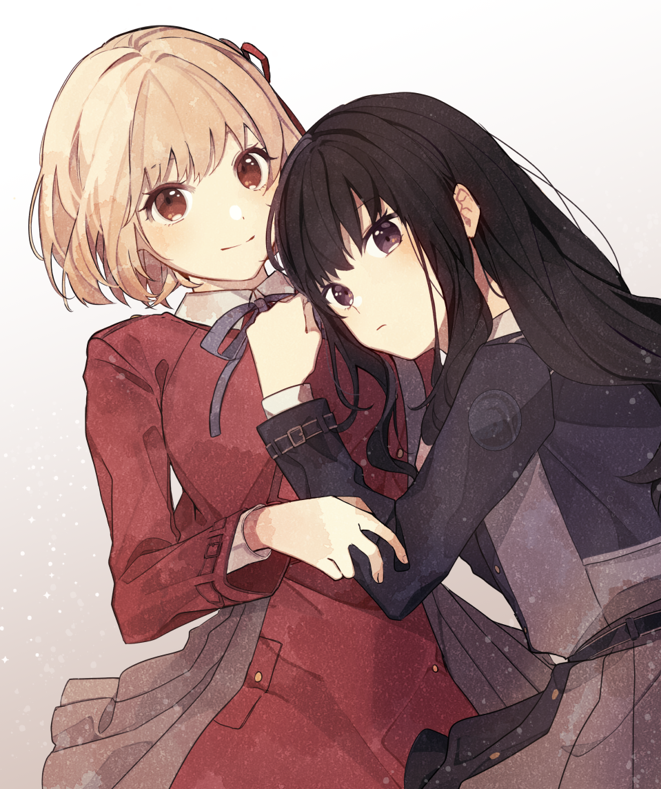 Safebooru - 2girls aotake (cytf7225) bangs black hair blonde hair blue dress blue ribbon bob cut ...