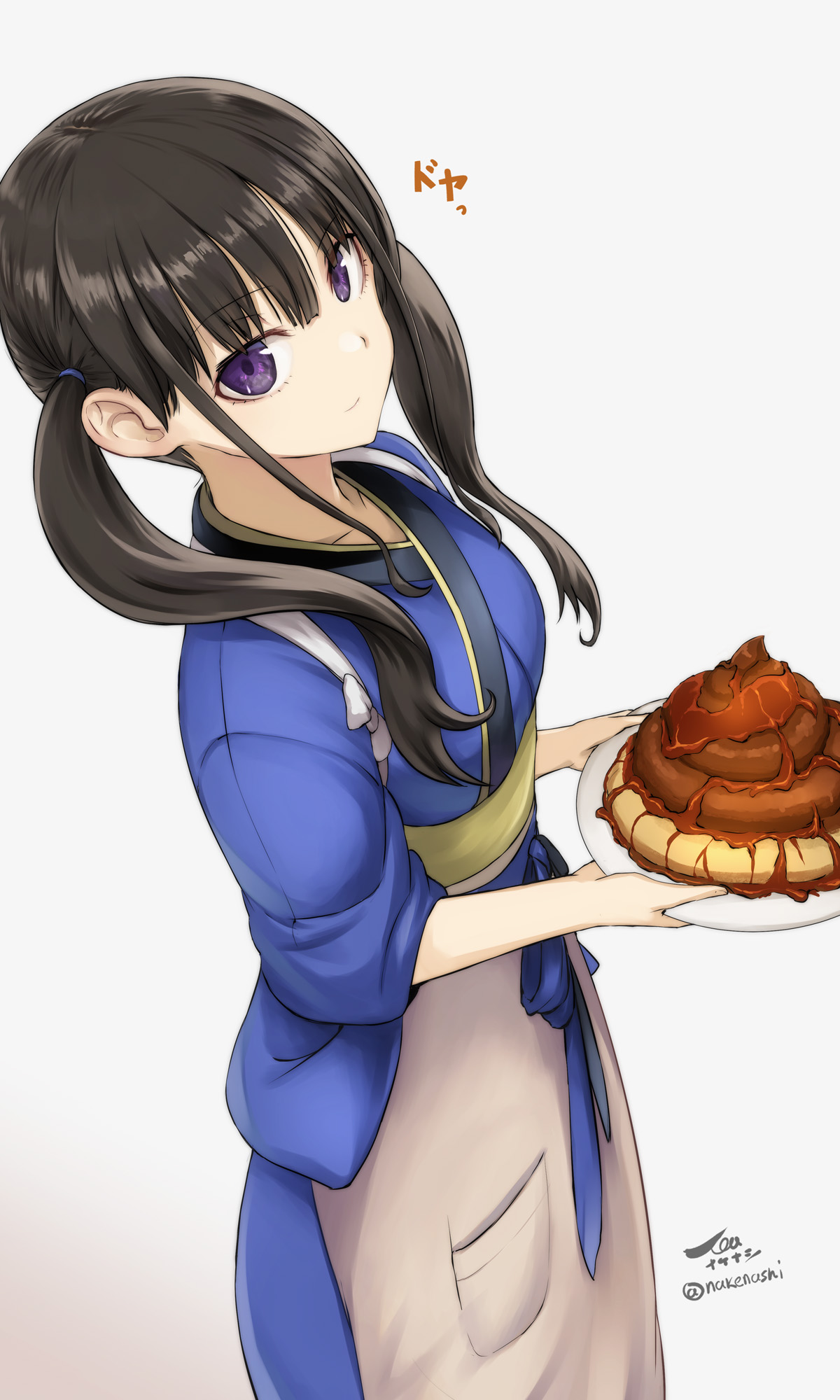 Safebooru - 1girl apron bangs black hair blue kimono cake closed mouth dutch angle food hair ...