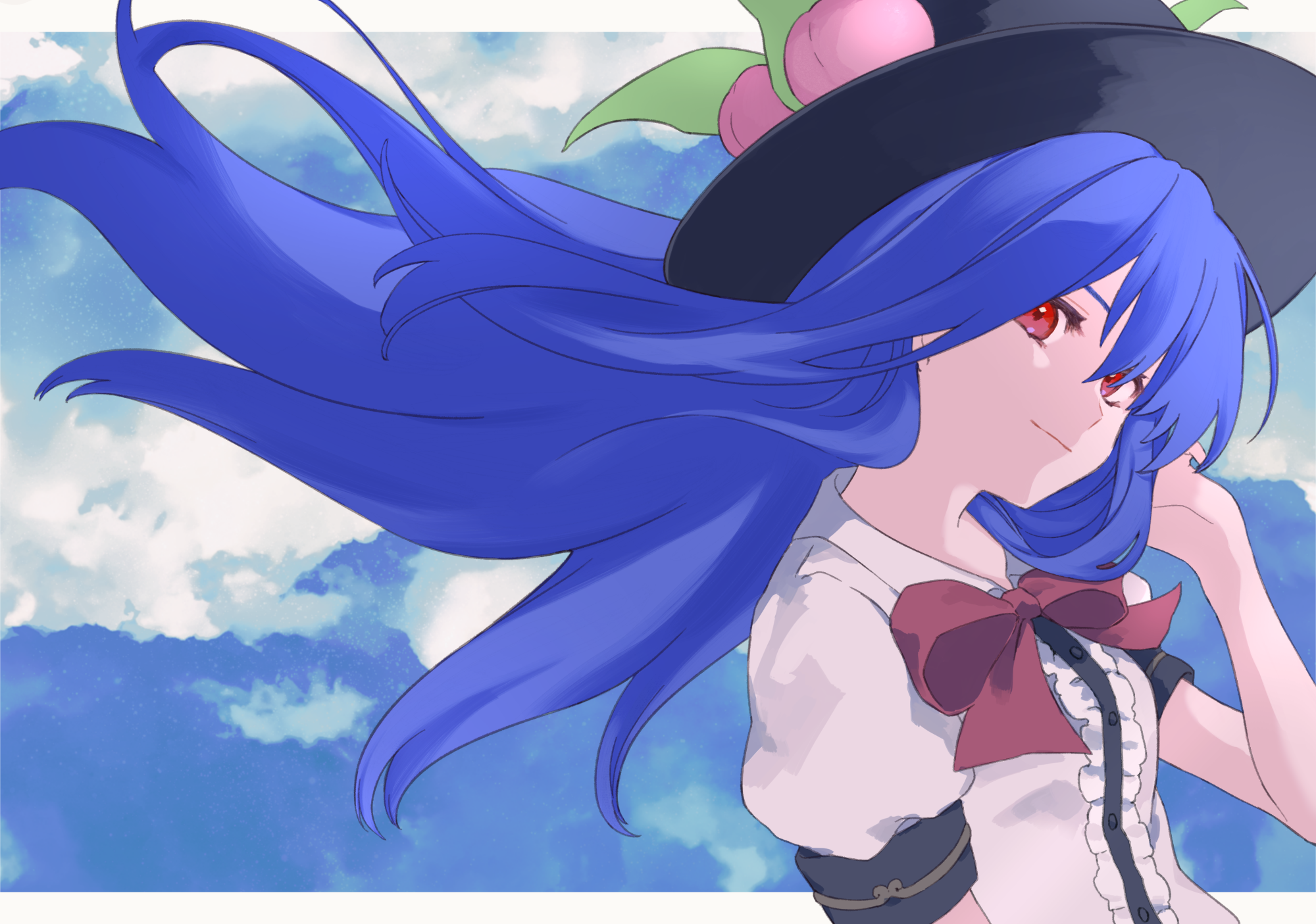 Safebooru - 1girl black headwear blue hair bow bowtie closed mouth clouds commentary day ...