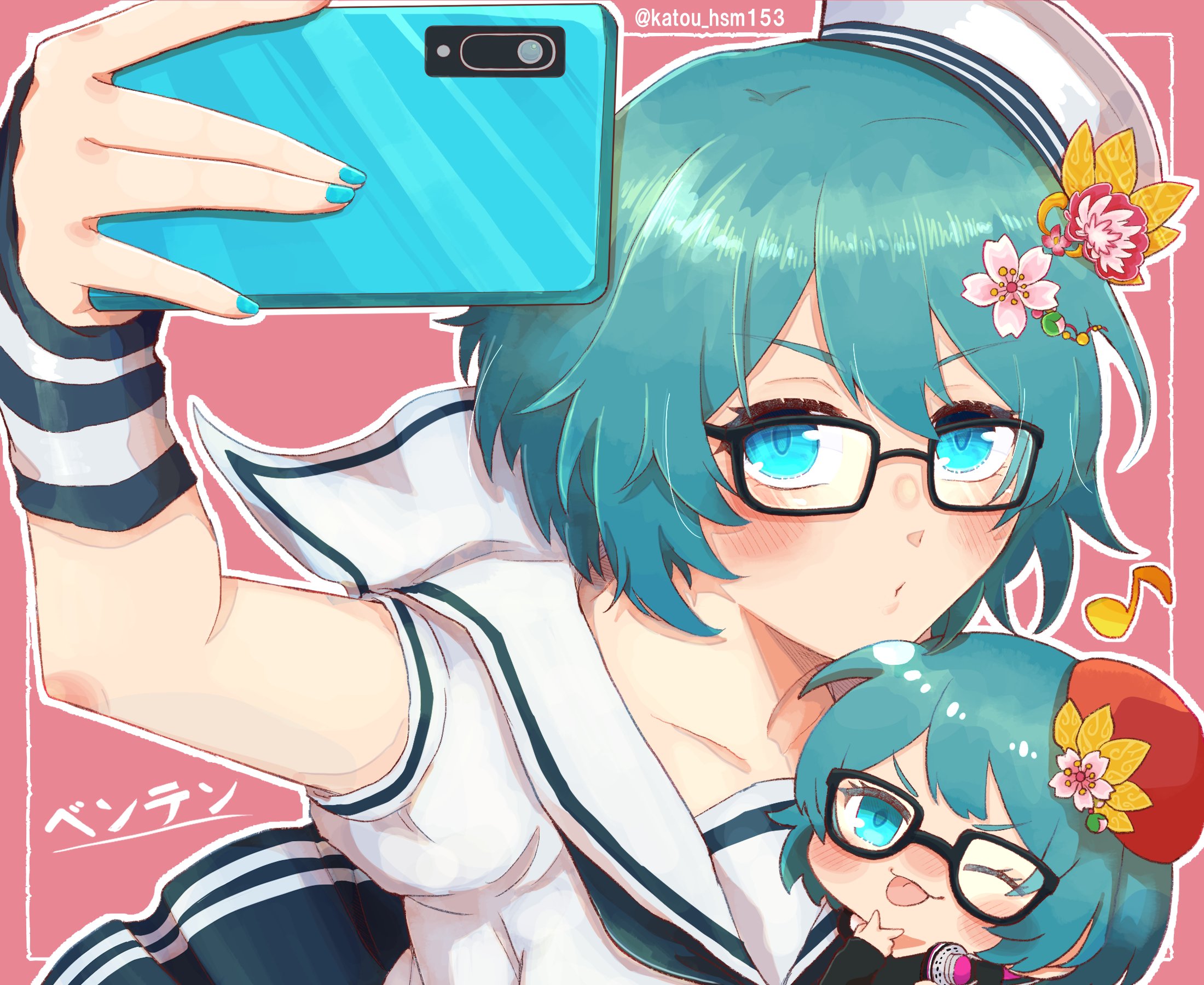 Safebooru - 1girl aqua hair benten (housamo) black-framed eyewear blue eyes blue nails blush ...