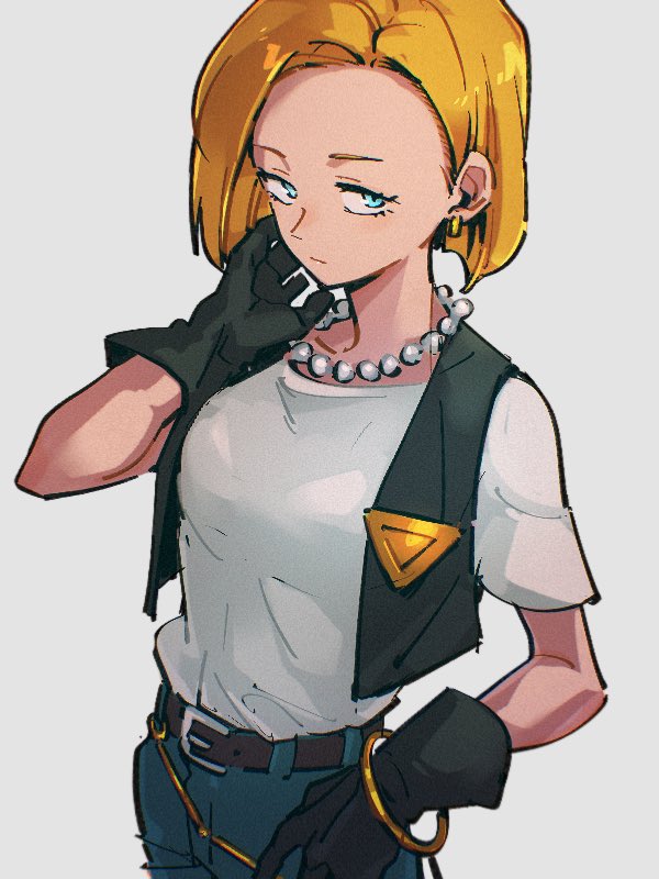 Safebooru - 1girl android 18 bead necklace beads belt black gloves blonde hair blue eyes blue ...