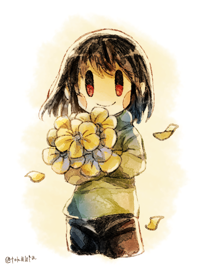 Safebooru - 1other bangs blush stickers bouquet brown hair brown pants ...