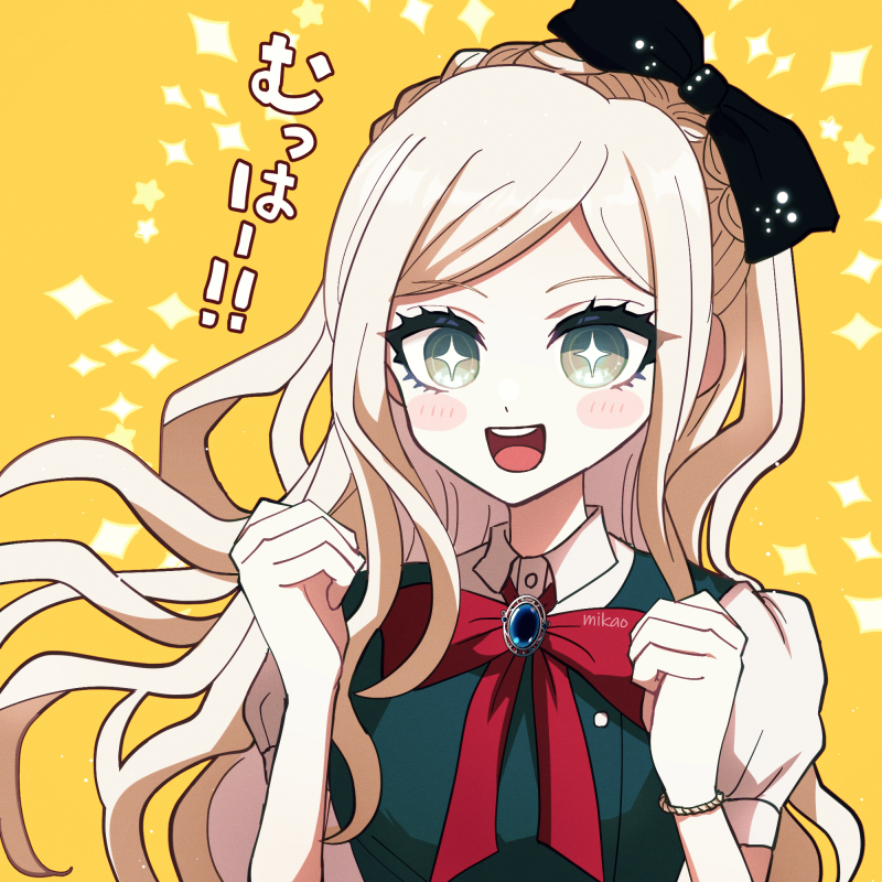 Safebooru - 1girl :d artist name bangs black bow blonde hair blush bow bowtie bracelet braid ...