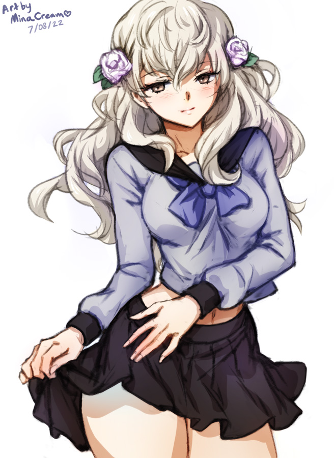 Safebooru - 1girl black skirt blush breasts closed mouth flower fuyusaka iori grey hair hair ...