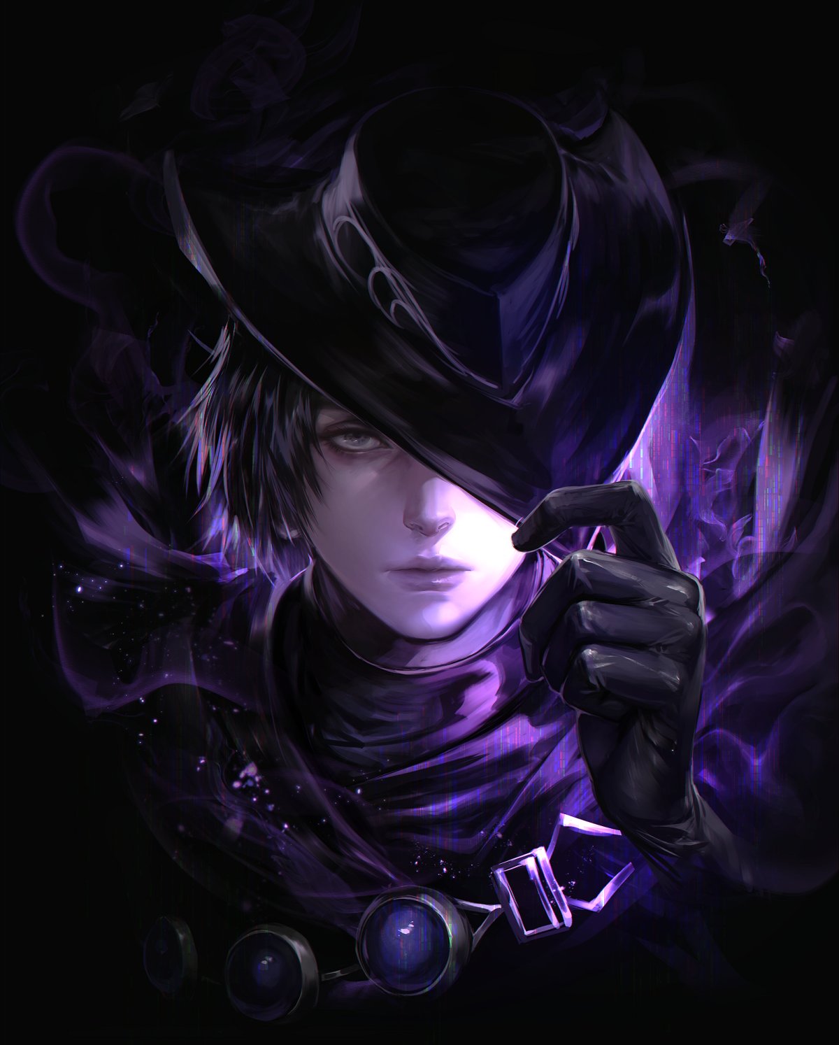 Safebooru - 1girl androgynous black background black gloves black hair black headwear blue ...