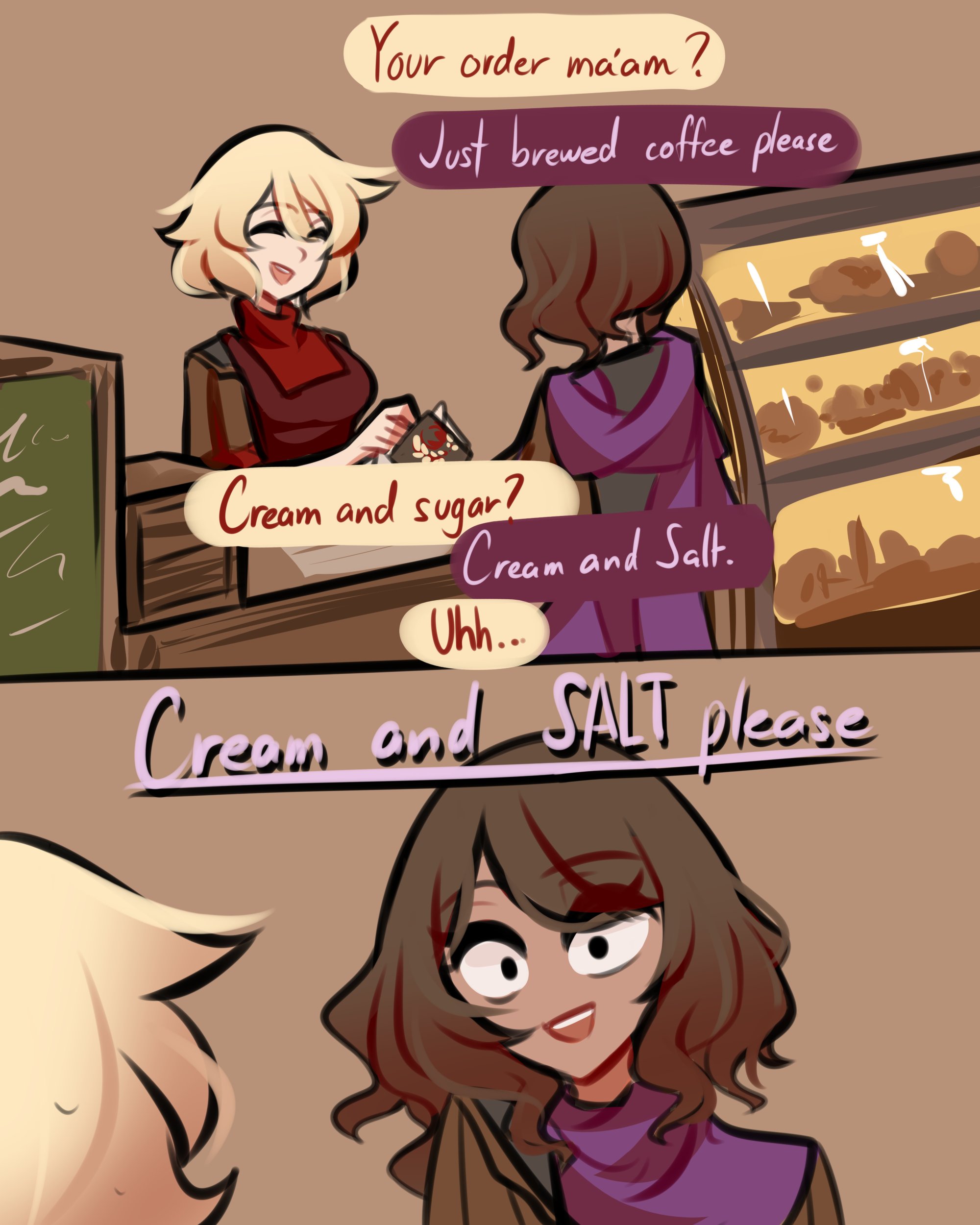 Safebooru - 2girls absurdres black eyes breasts brown background brown hair centurii-chan ...