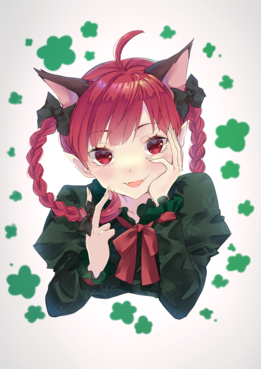 Safebooru - 1girl :d animal ears black bow bow braid cat ears cropped torso dress fangs frills ...
