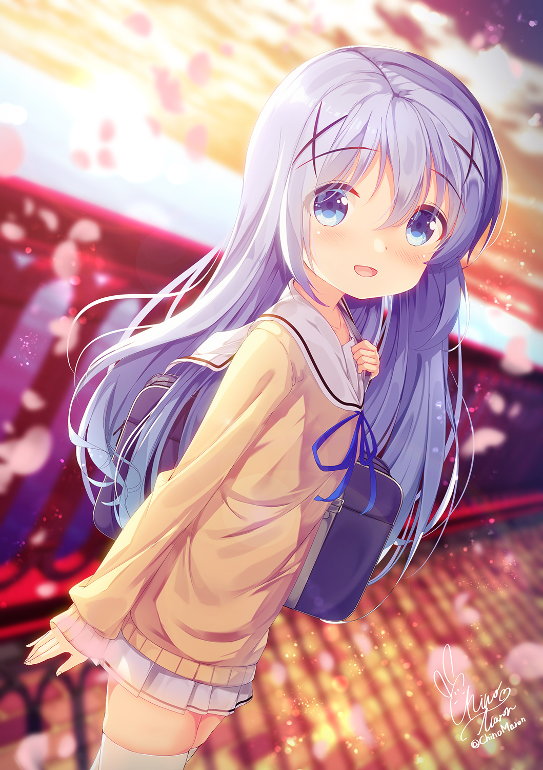 Safebooru - 1girl artist name bag blue eyes blue hair blurry blurry background blush chinomaron ...