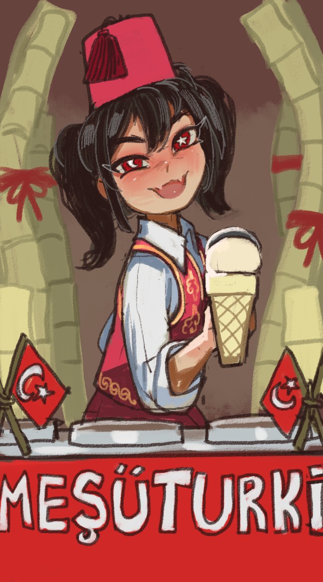 Safebooru - 1girl :d black hair blush collared shirt fangs fez hat food ...