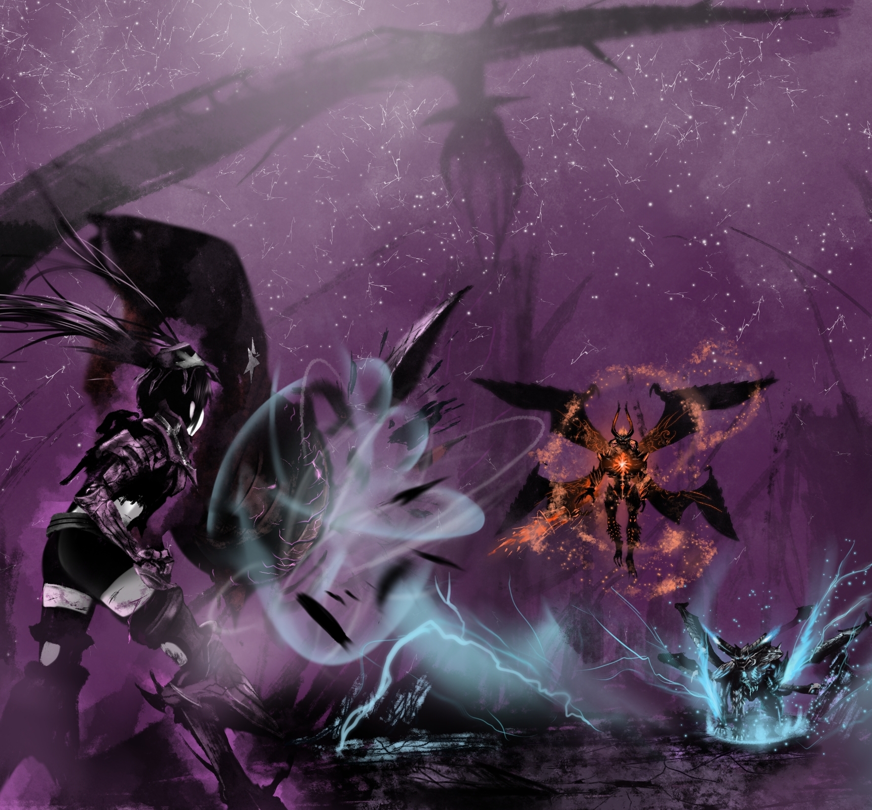 Safebooru - 1girl 2boys alternate form armor belt black hair black rock ...