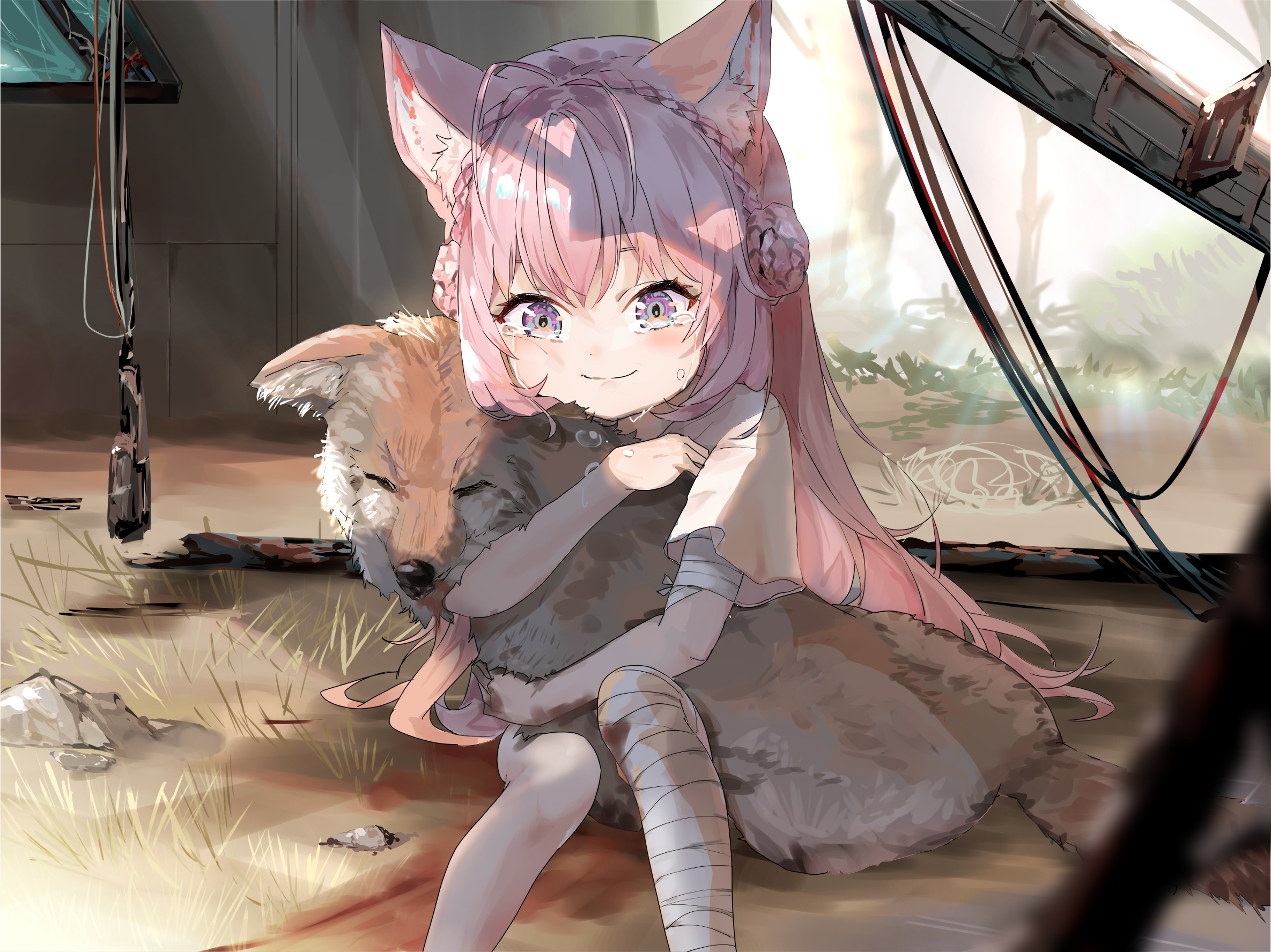 Safebooru - 1girl ahoge animal animal ear fluff animal hug bandaged arm bandaged leg bandages ...