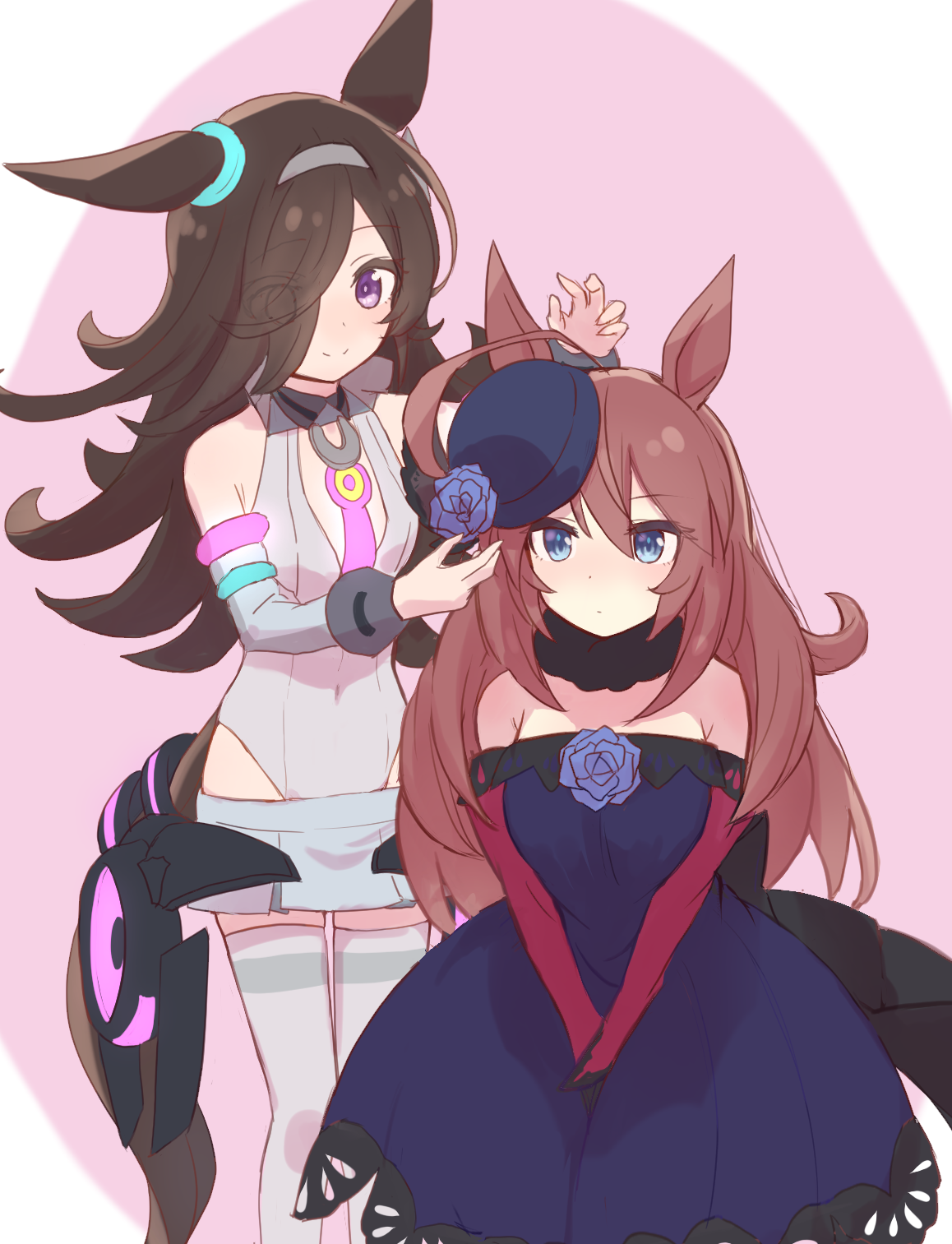 Safebooru - 2girls adjusting another's clothes ahoge animal ears back bow bangs black bow black ...