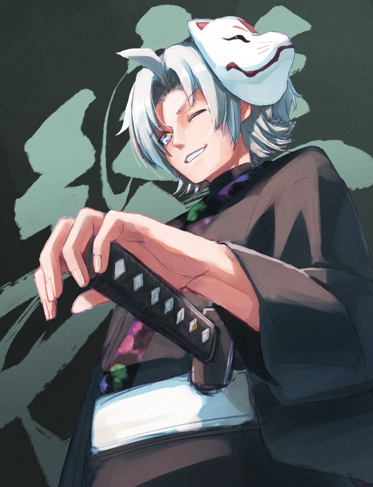 Safebooru - 1boy amaga raku fox mask green background highres indie ...