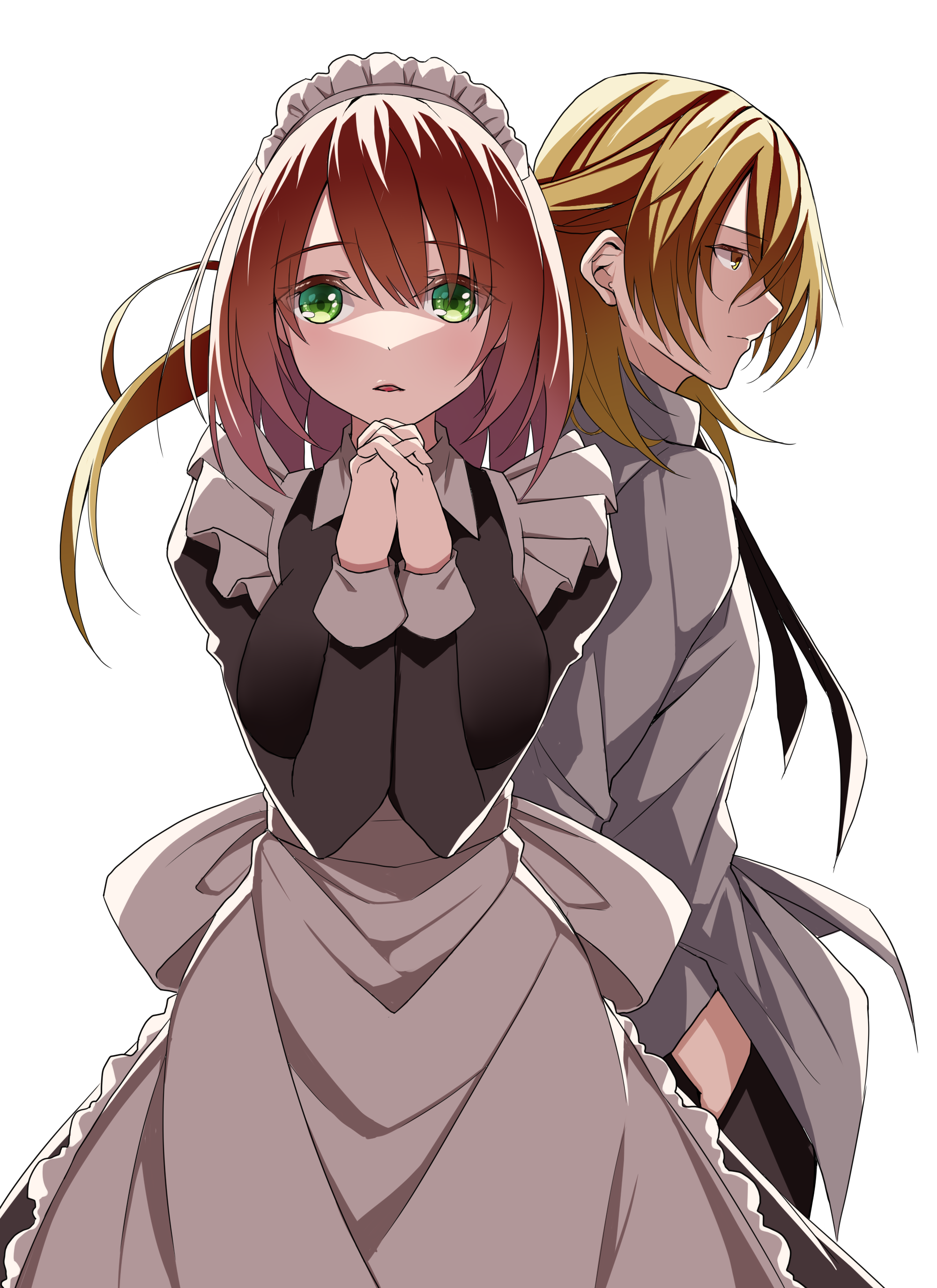 Safebooru - 1boy 1girl absurdres apron bangs black dress black pants blonde hair breasts brown ...