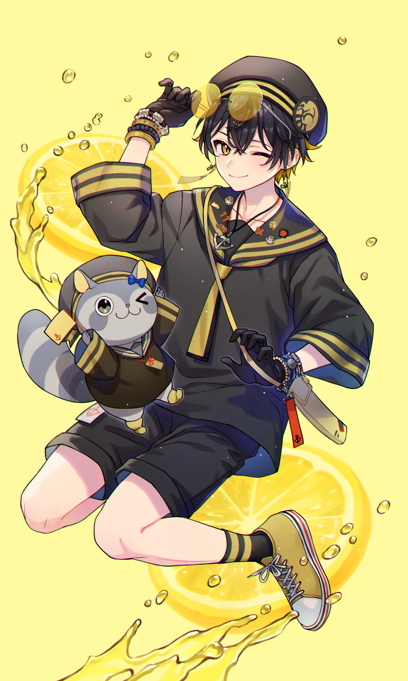 Safebooru - > o 1boy ;) ;3 absurdres adjusting eyewear anchor necklace anchor symbol arm up ...