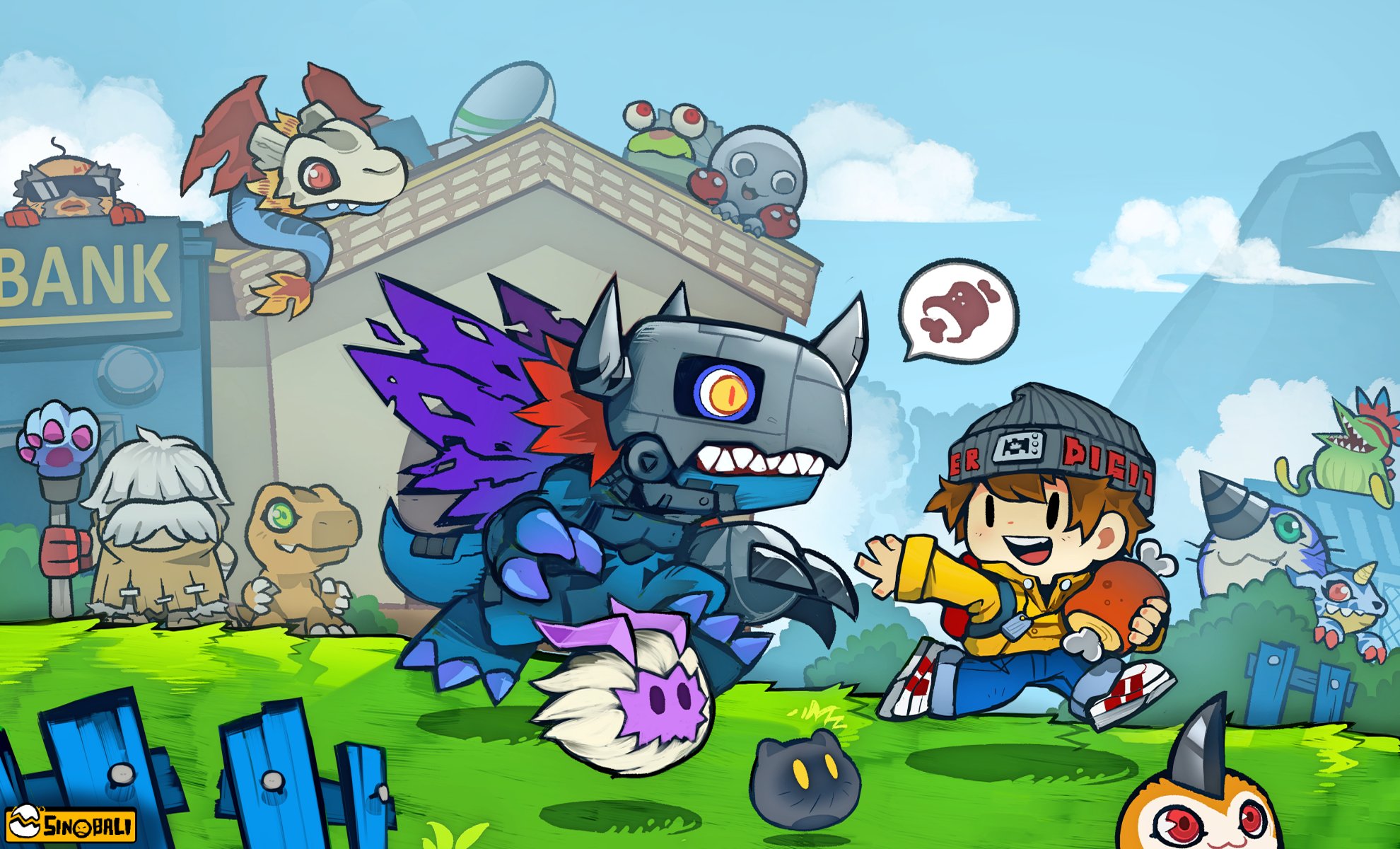 Safebooru - 1boy :d agumon airdramon artist name beard black headwear ...