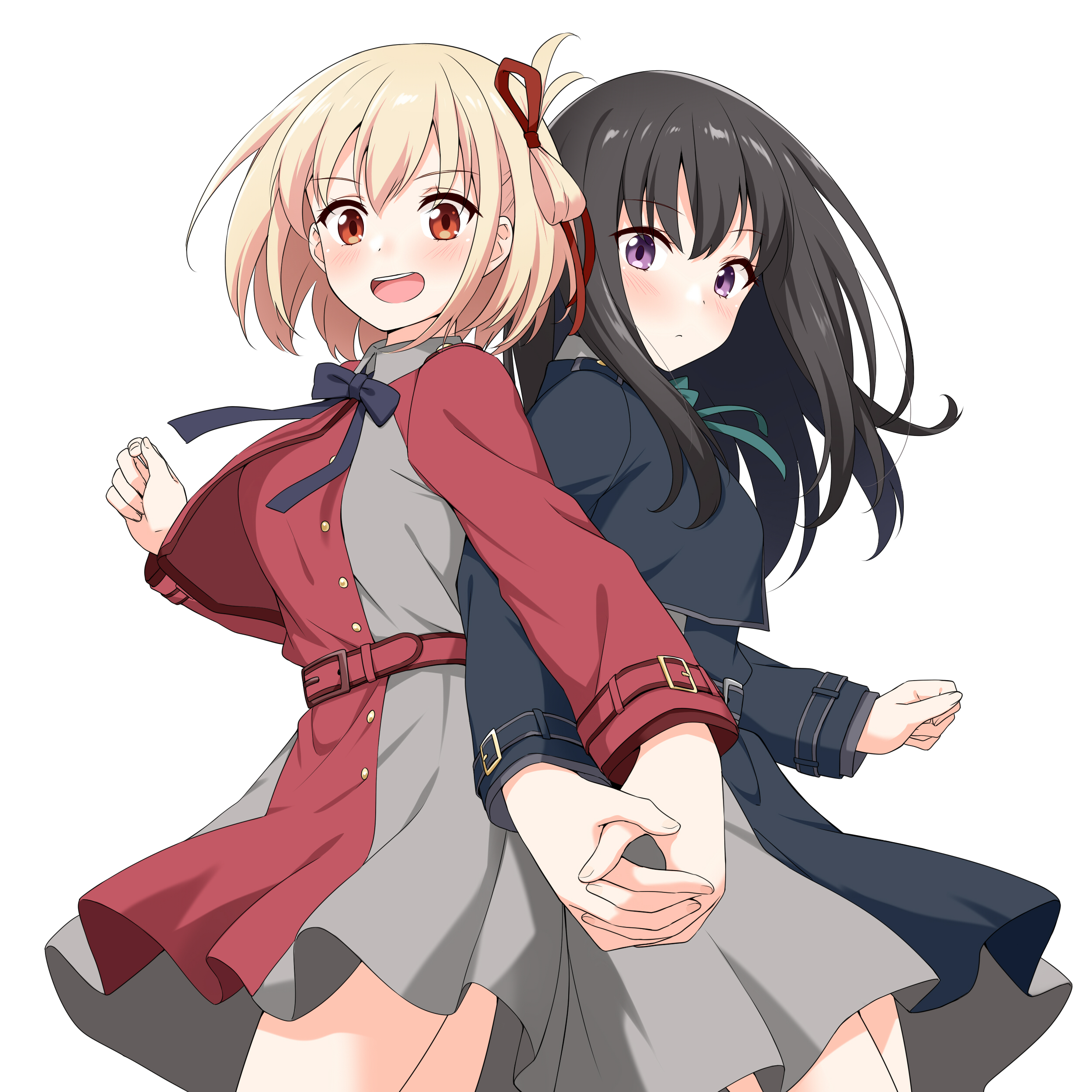 Safebooru - 2girls :d absurdres bangs belt black hair blonde hair blue belt blue dress blue ...