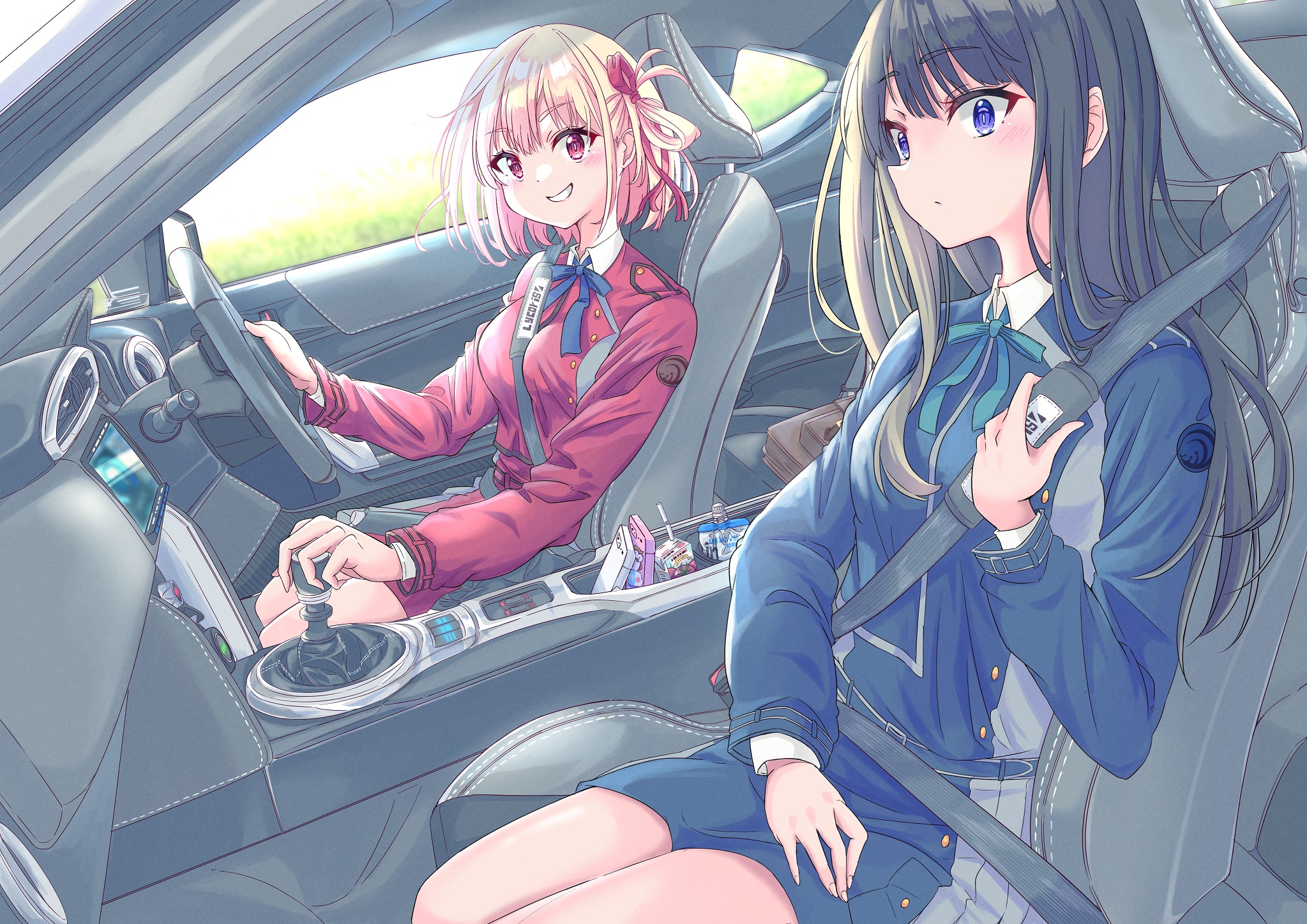 Safebooru - 2girls :d absurdres bangs belt black hair blonde hair blue belt blue dress blue ...