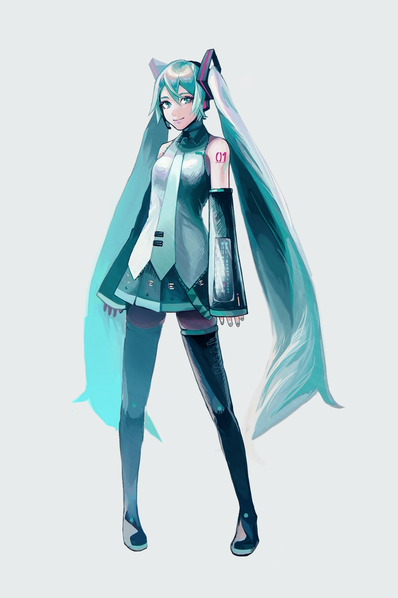 Safebooru - 1girl aqua eyes aqua hair aqua nails aqua necktie aqua theme black footwear black ...