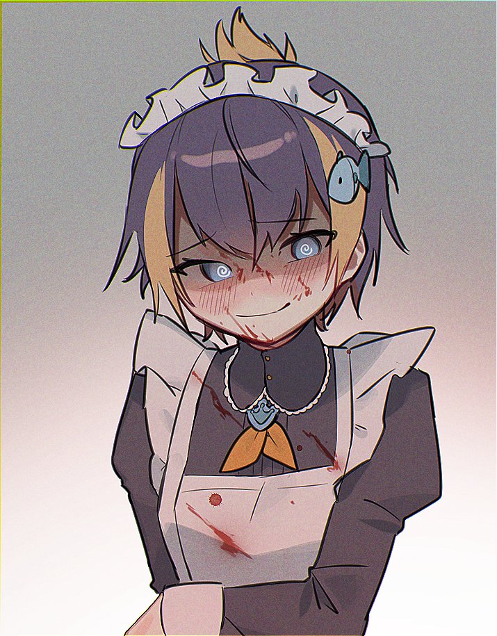 Safebooru - 1girl @ @ alternate costume apron bangs black hair black shirt blood blood on ...
