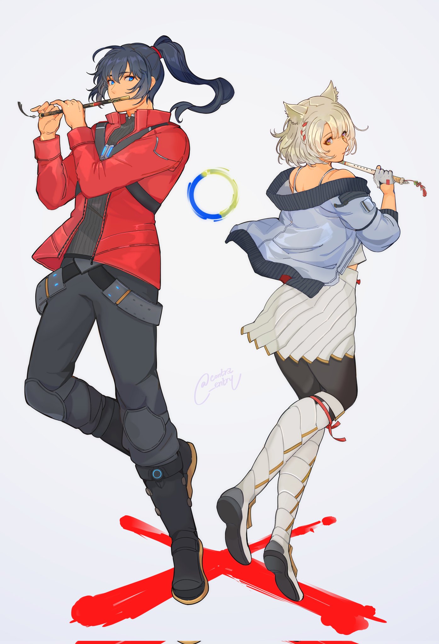 Safebooru - 1boy 1girl animal ears bare shoulders belt black belt black footwear black hair ...