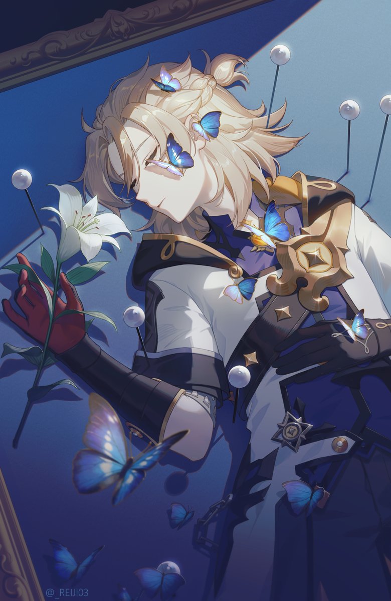 Safebooru - 1boy albedo (genshin impact) artist name bangs black gloves black shorts blue ...