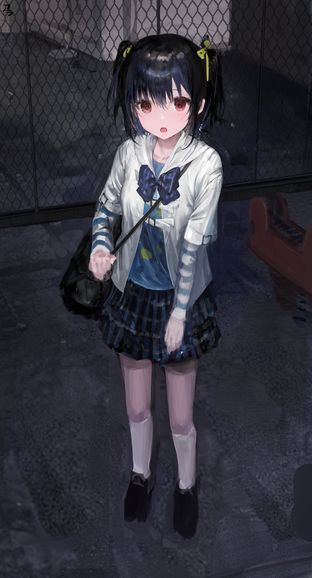 Safebooru - 1girl :o absurdres bangs black bag black footwear black hair blue bow blue bowtie ...