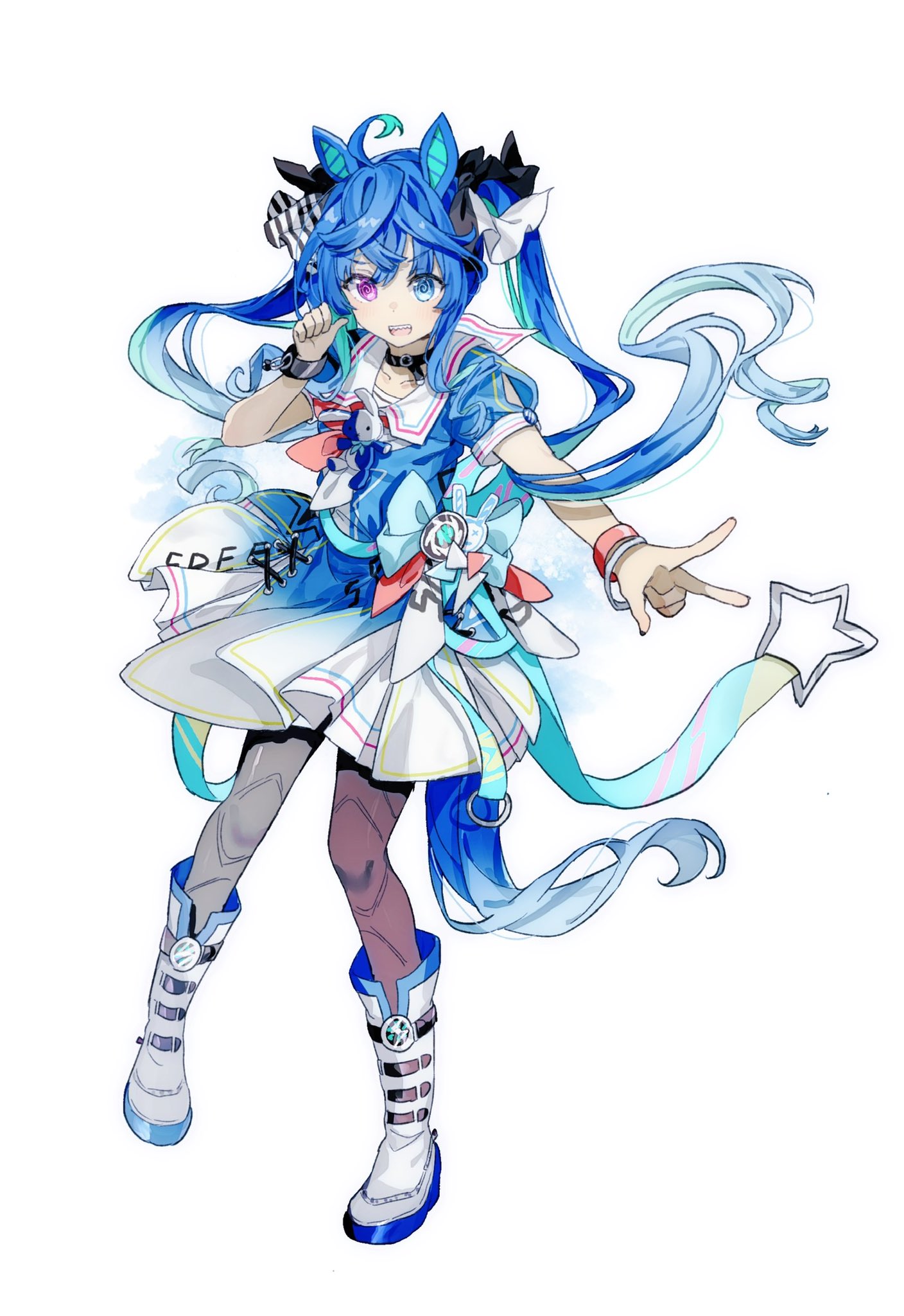 Safebooru - 1girl :d animal ears asymmetrical legwear black bow black choker blue dress blue ...