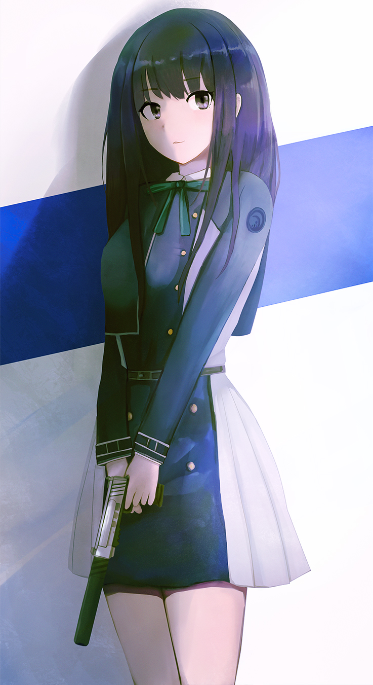 Safebooru - 1girl bangs belt black hair blue belt blue dress collared shirt commentary request ...