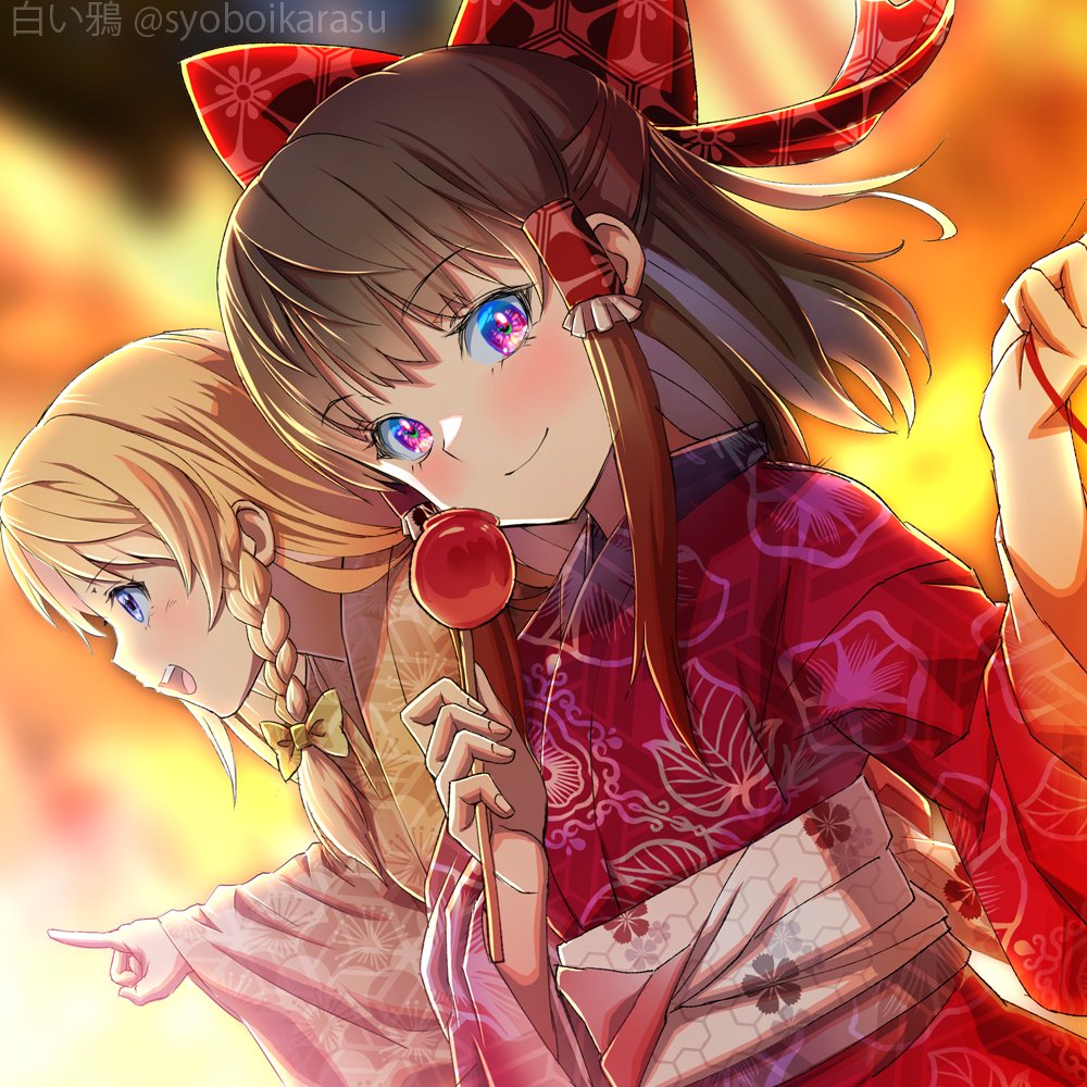 Safebooru - 2girls alternate costume bloom blue eyes blurry blurry background bow braid brown ...