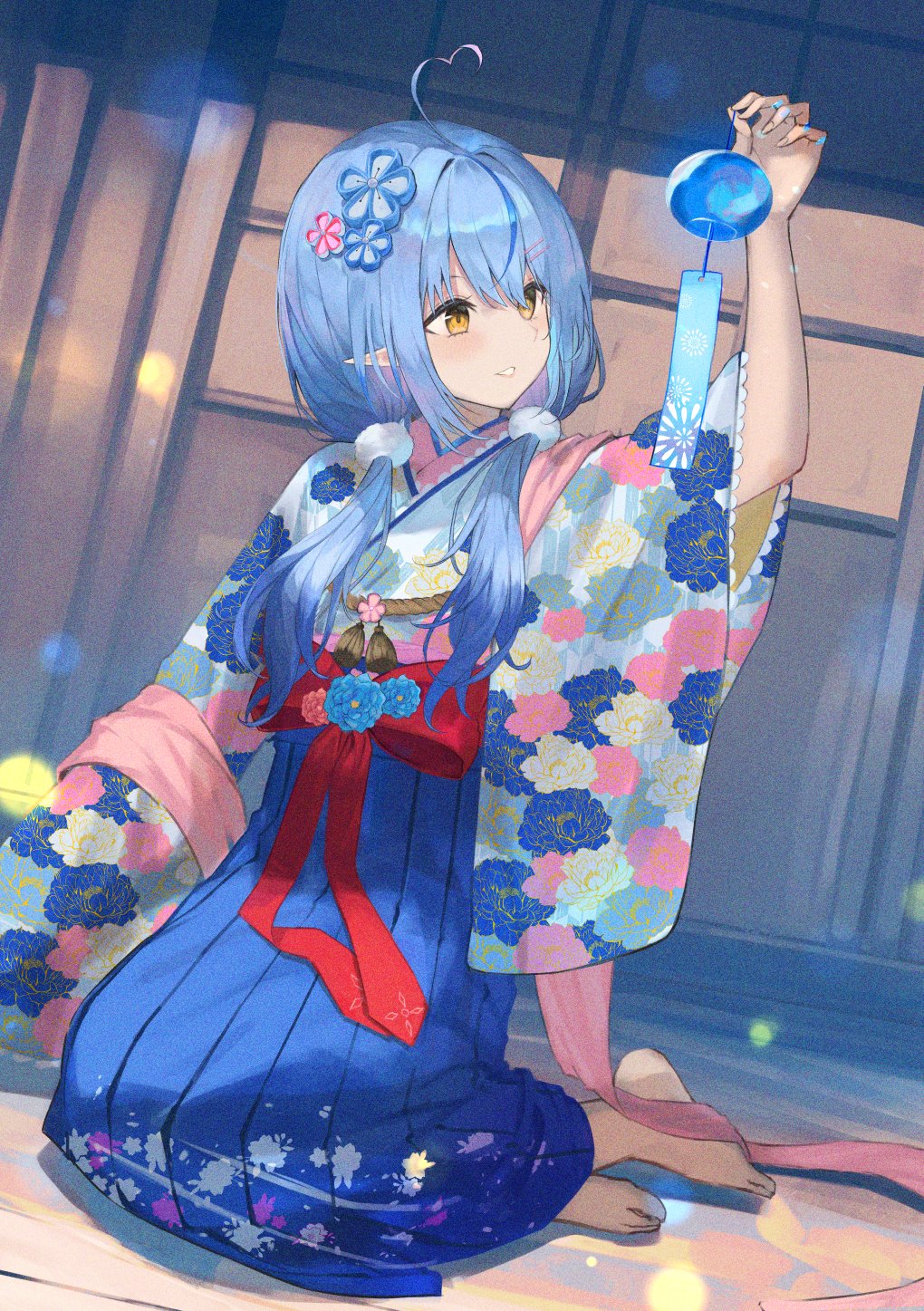 Safebooru - 1girl ahoge architecture blue hair blue hakama blush east asian architecture feet ...