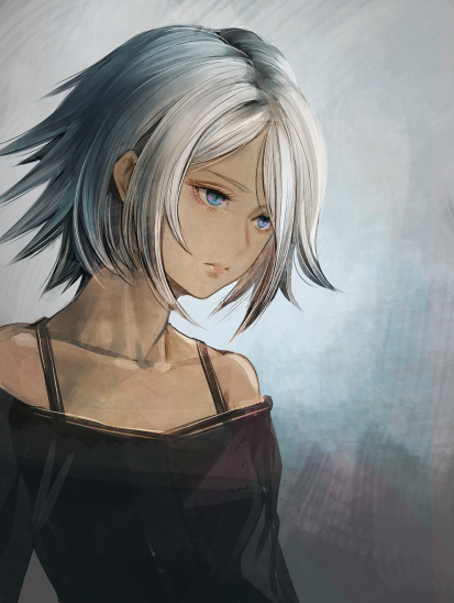 Safebooru - 1girl bangs black shirt blue eyes closed mouth collarbone grey background grey hair ...