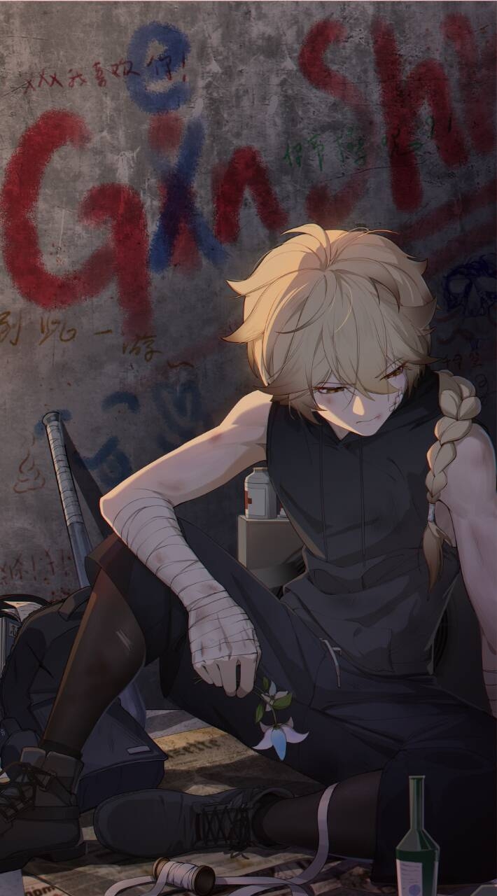 Safebooru - 1boy aether (genshin impact) aluminum bat bandaged arm bandages bangs black footwear ...