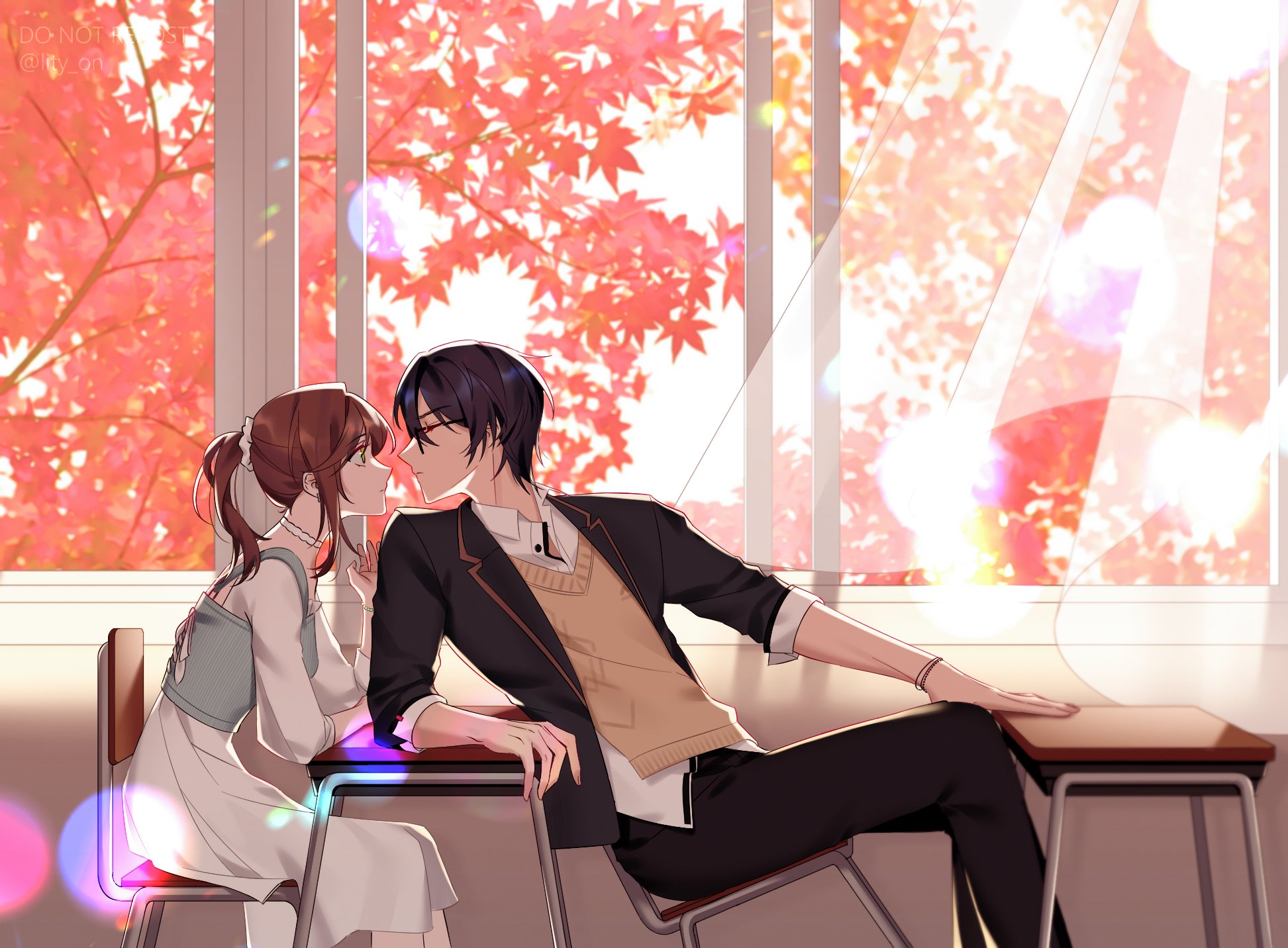 Safebooru - 1boy 1girl bangs black jacket black pants brown hair chair classroom closed eyes ...