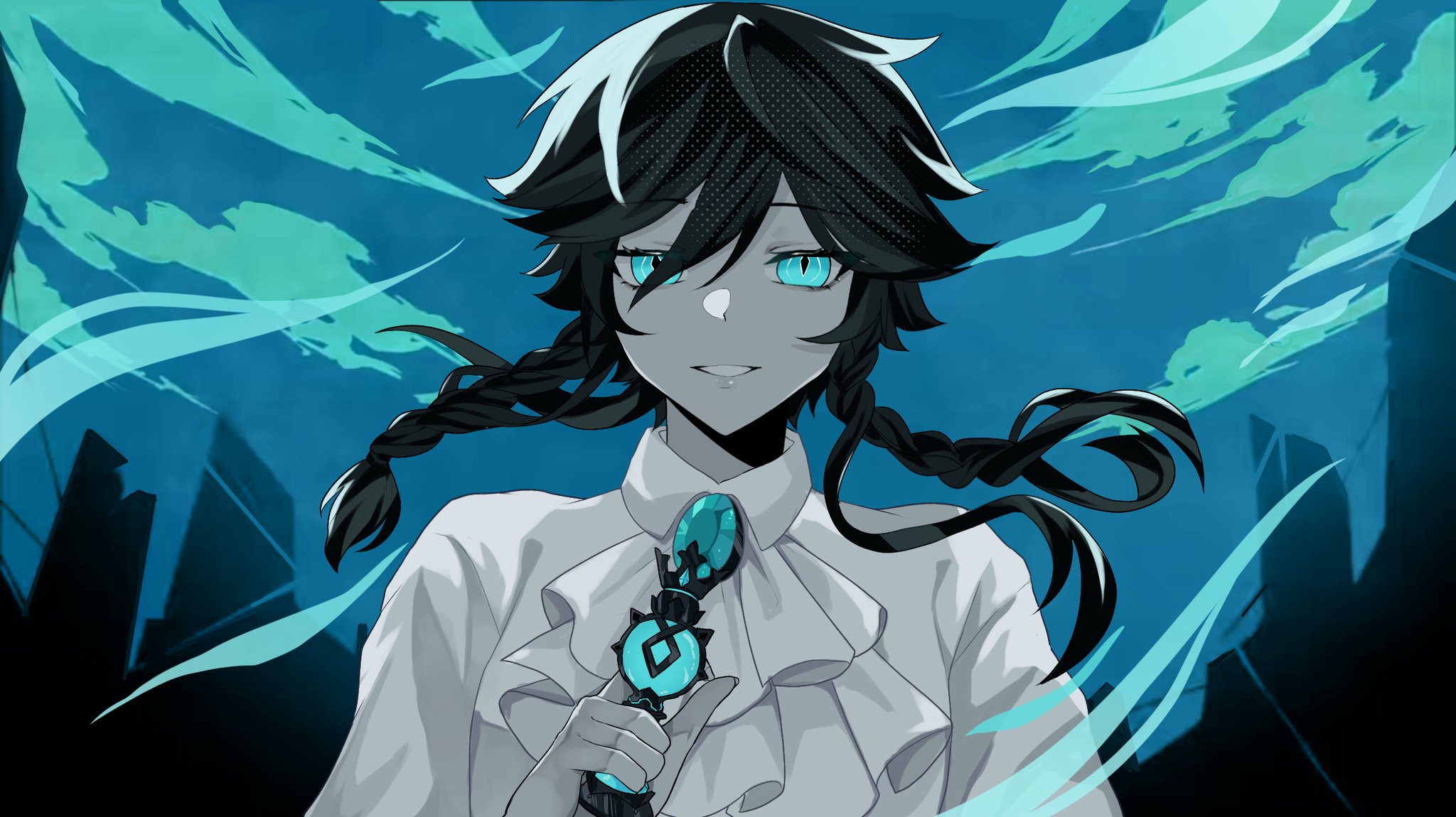 Safebooru - 1boy bangs black hair blue eyes braid chess piece ...