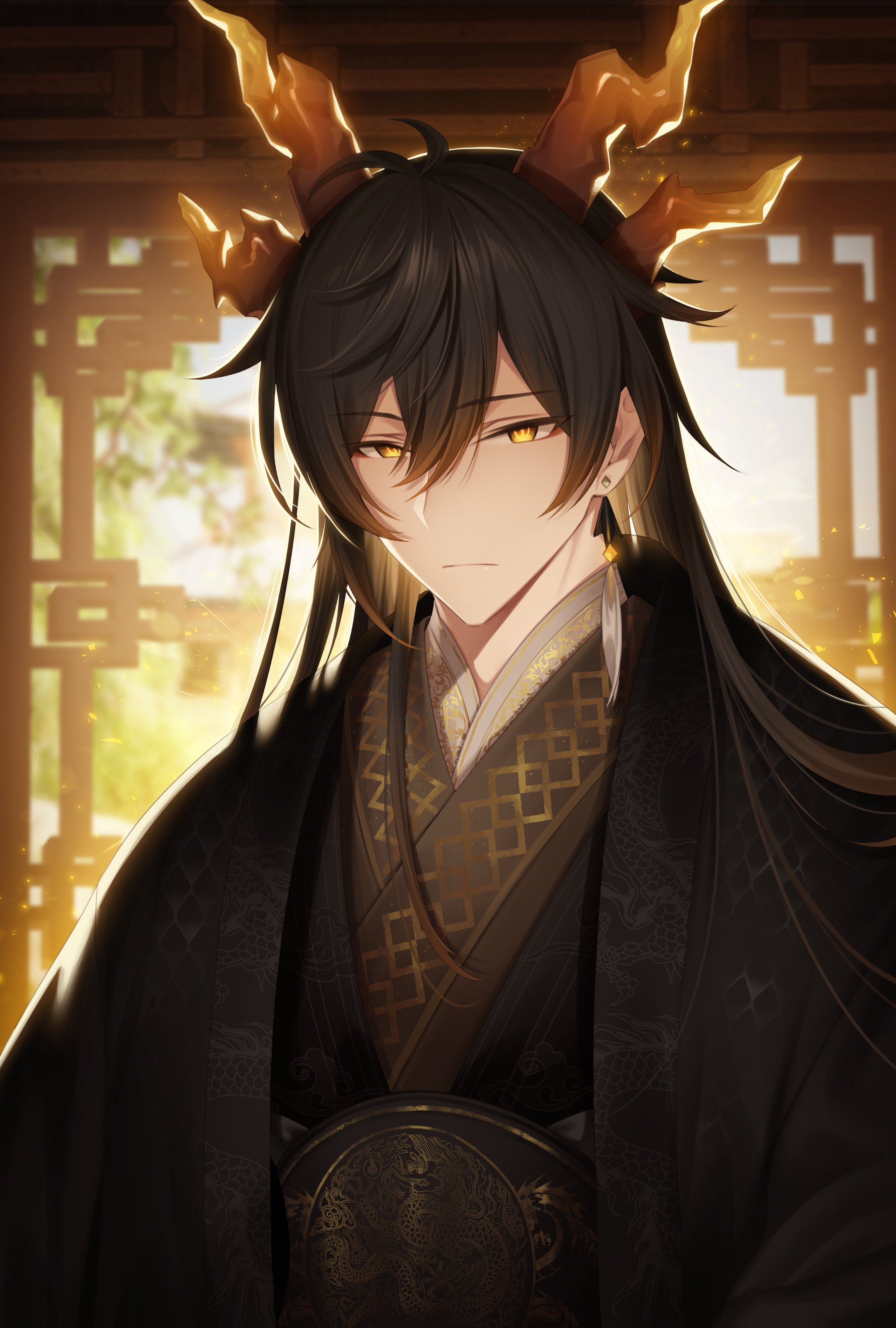 Safebooru - 1boy absurdres bangs black hair brown hair chinese clothes closed mouth dragon horns ...