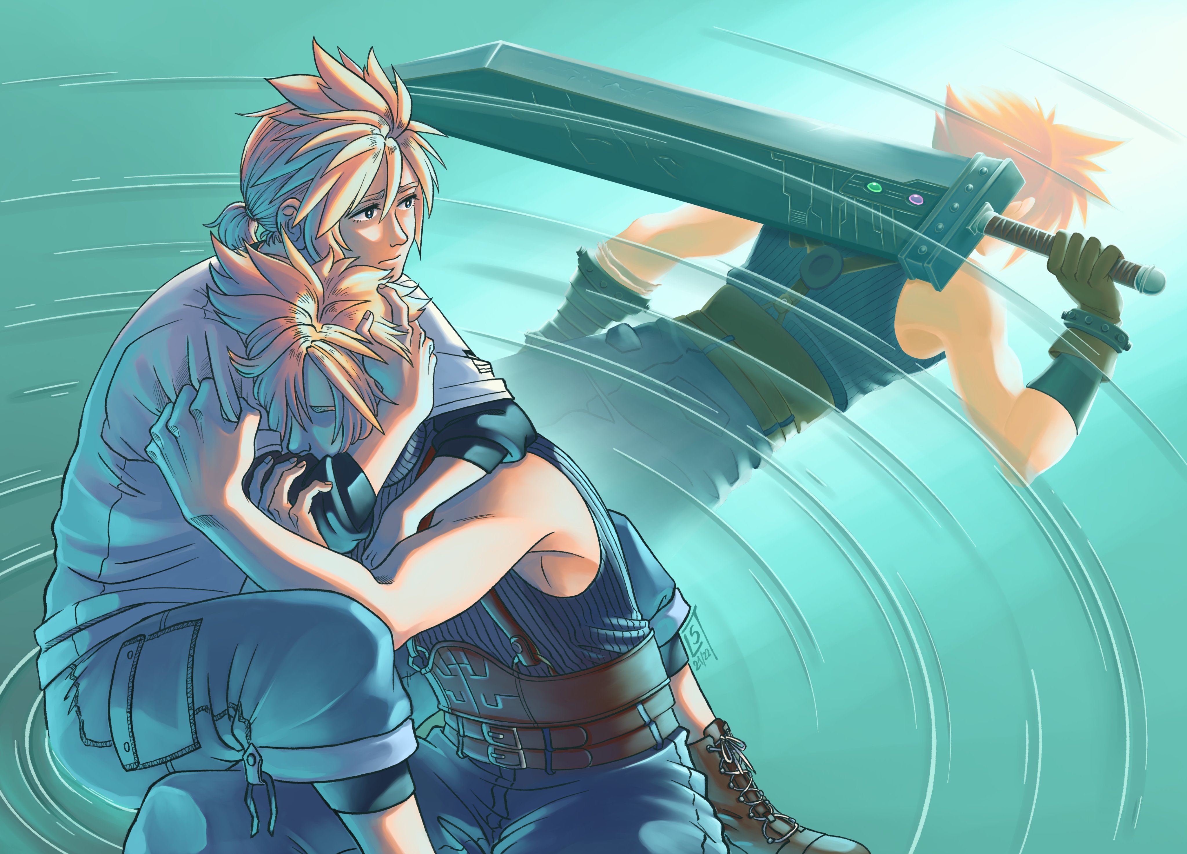 Safebooru - 3boys absurdres bare arms belt black shirt blonde hair blue eyes blue pants blue ...