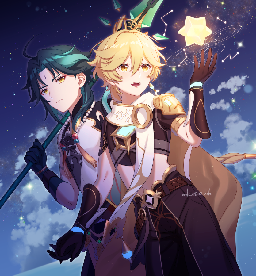 Safebooru - 2boys aether (genshin impact) ar (rikuesuto) arm tattoo armor bead necklace beads ...