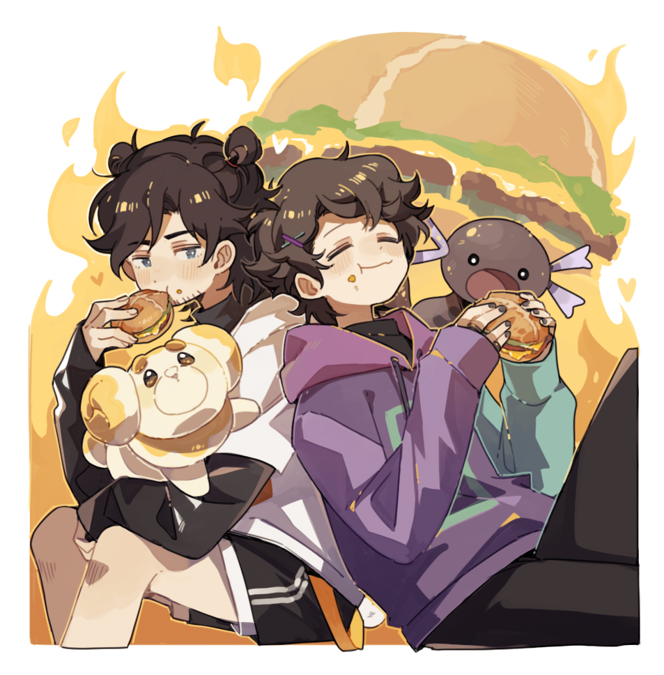 Safebooru - 2boys 2others animal blue eyes blush brown hair burger ...