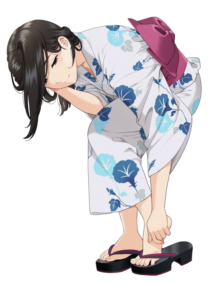 Safebooru - 1girl back bow black footwear black hair blush bow closed mouth feet floral print ...