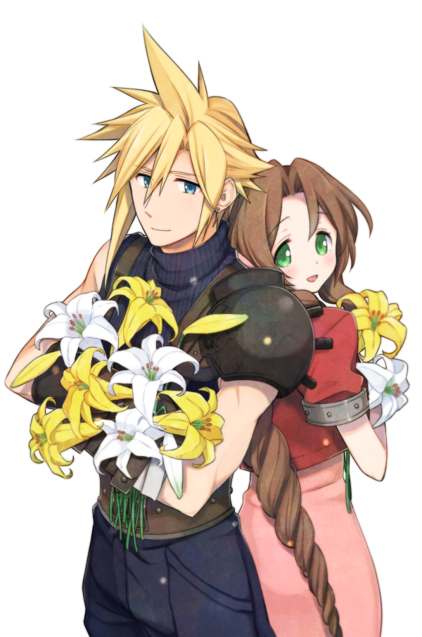 Safebooru - 1boy 1girl aerith gainsborough armor back-to-back bangs belt blonde hair blue eyes ...