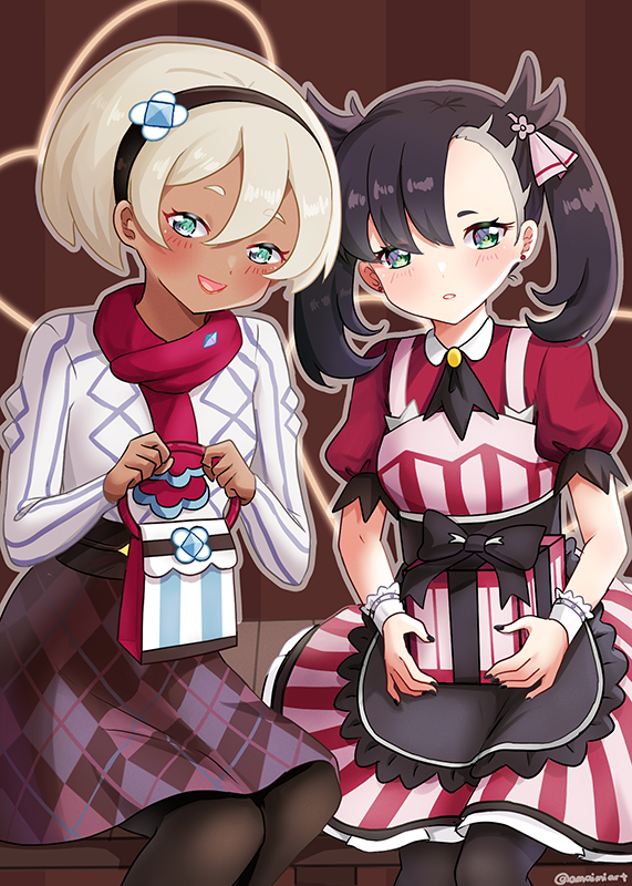 Safebooru - 2girls amai-tapioca apron ascot bangs bea (pokemon) black ...