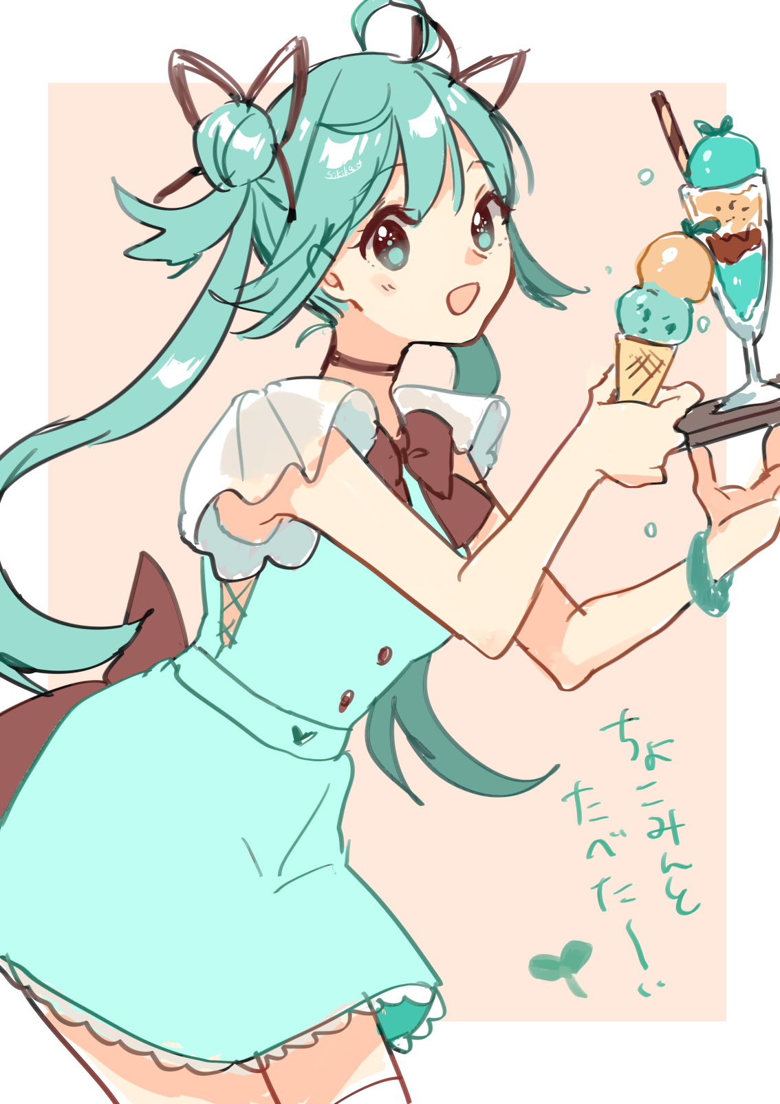 Safebooru - 1girl :d ahoge aqua dress aqua eyes aqua hair black bow black choker blush bow ...