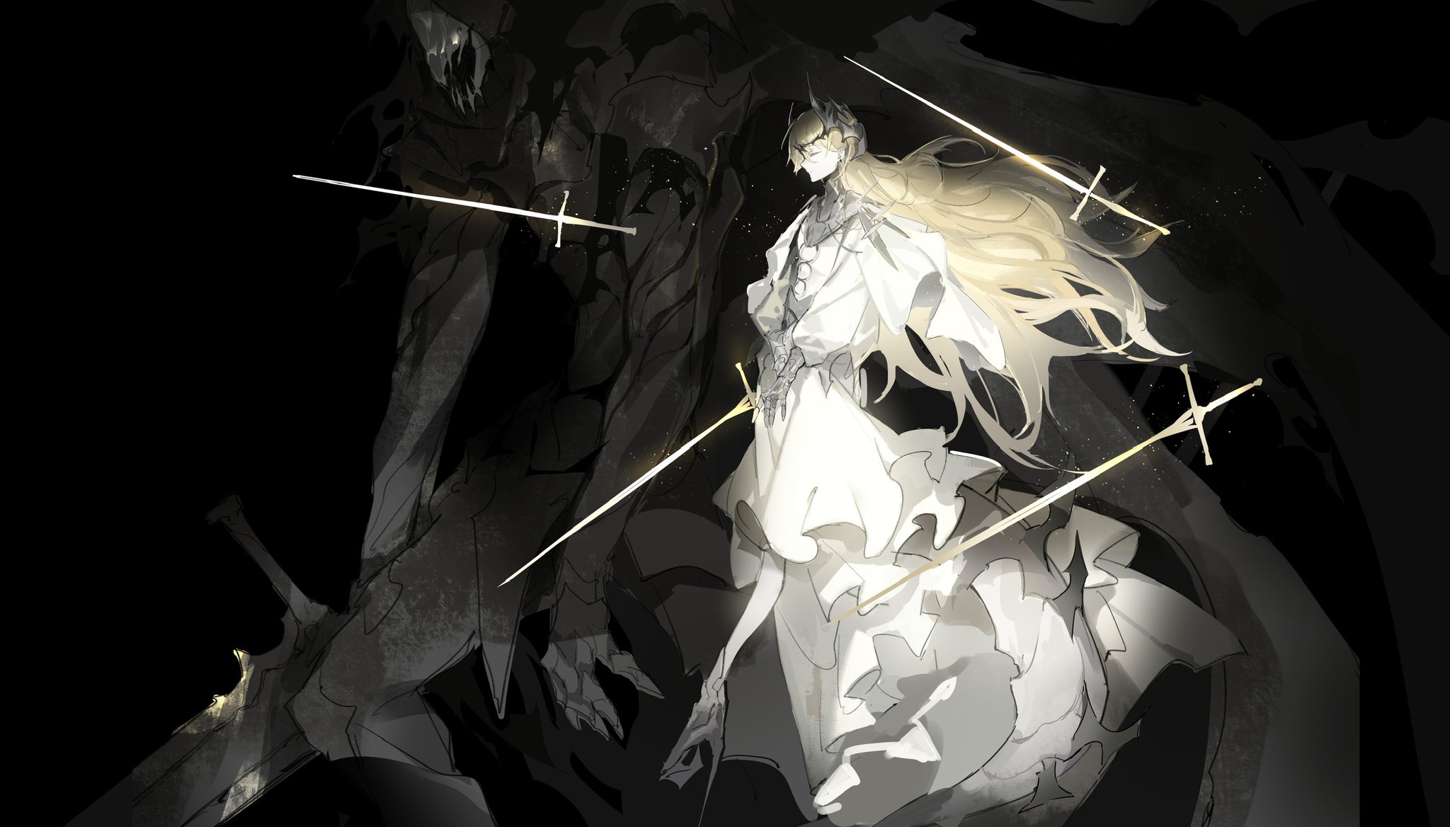 Safebooru - 1boy 1girl armor black armor black background black vs white blonde hair breastplate ...