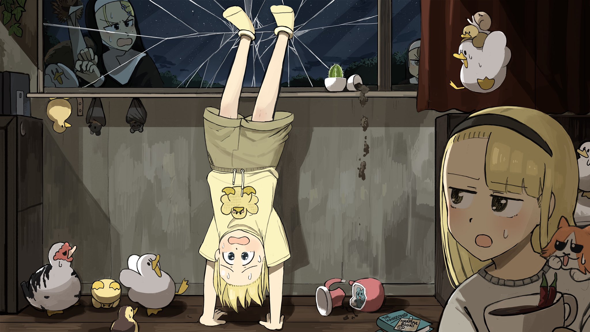 Safebooru - 4girls animal on shoulder bat (animal) bird black hairband blonde hair blue eyes ...