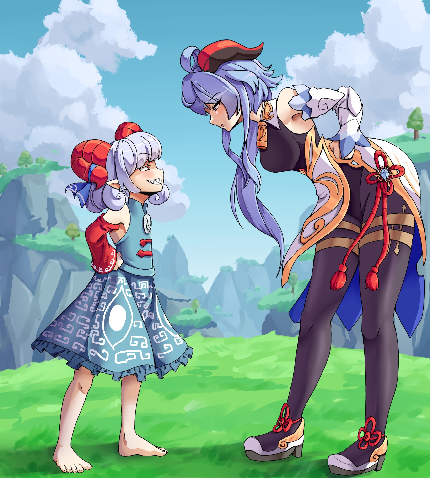 Safebooru - 2girls barefoot bent over blue dress blue hair blue ribbon blue sky clouds curly ...