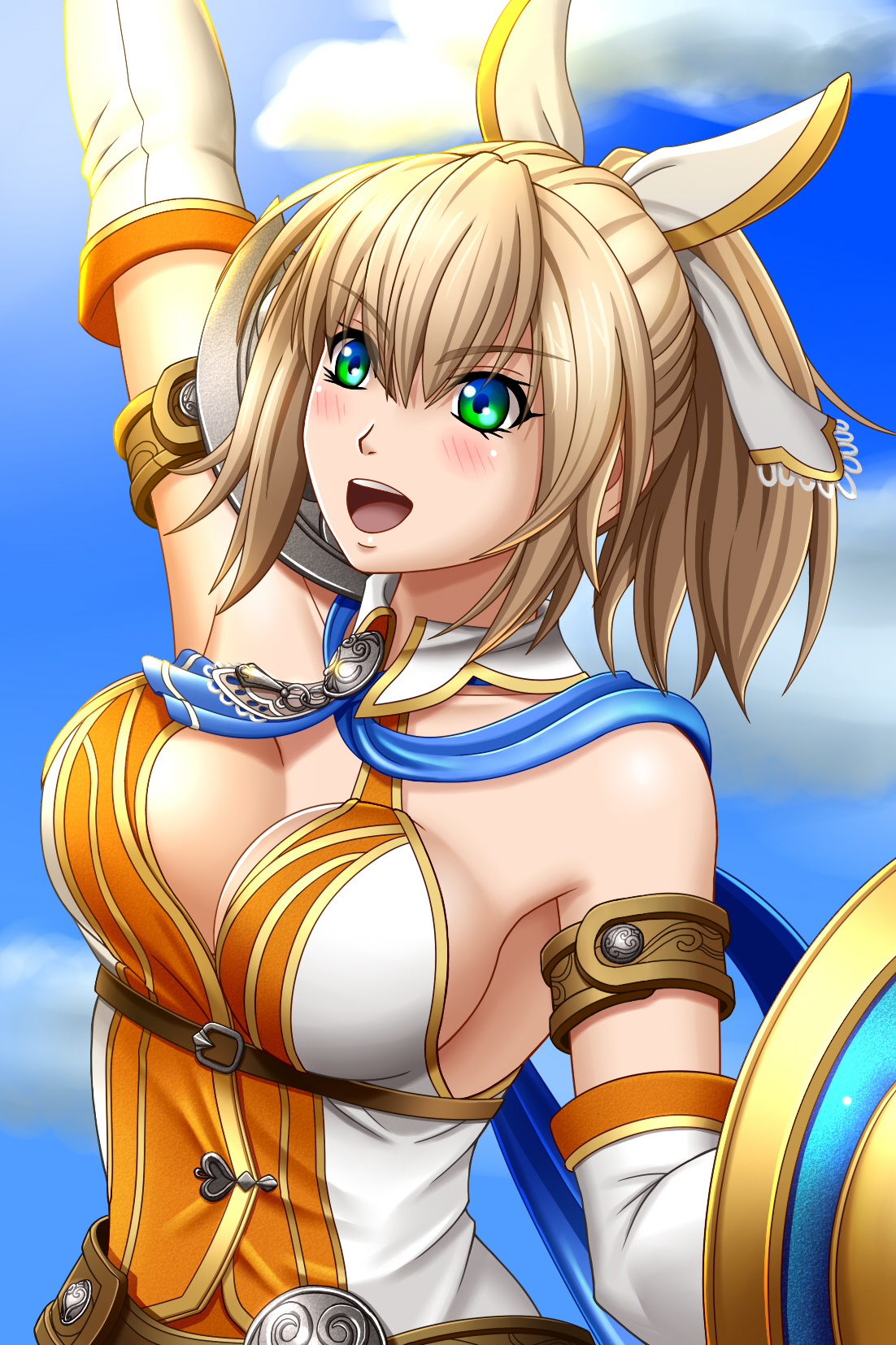 Safebooru - 1girl armor armpits ascot belt blonde hair blue scarf blue sky breasts cassandra ...