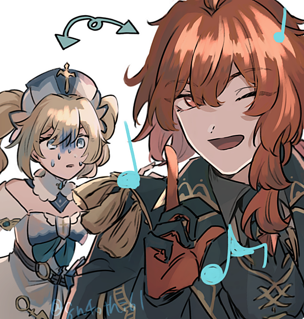 Safebooru - 1boy 1girl aqua eyes arrow (symbol) bangs barbara (genshin impact) black coat blonde ...